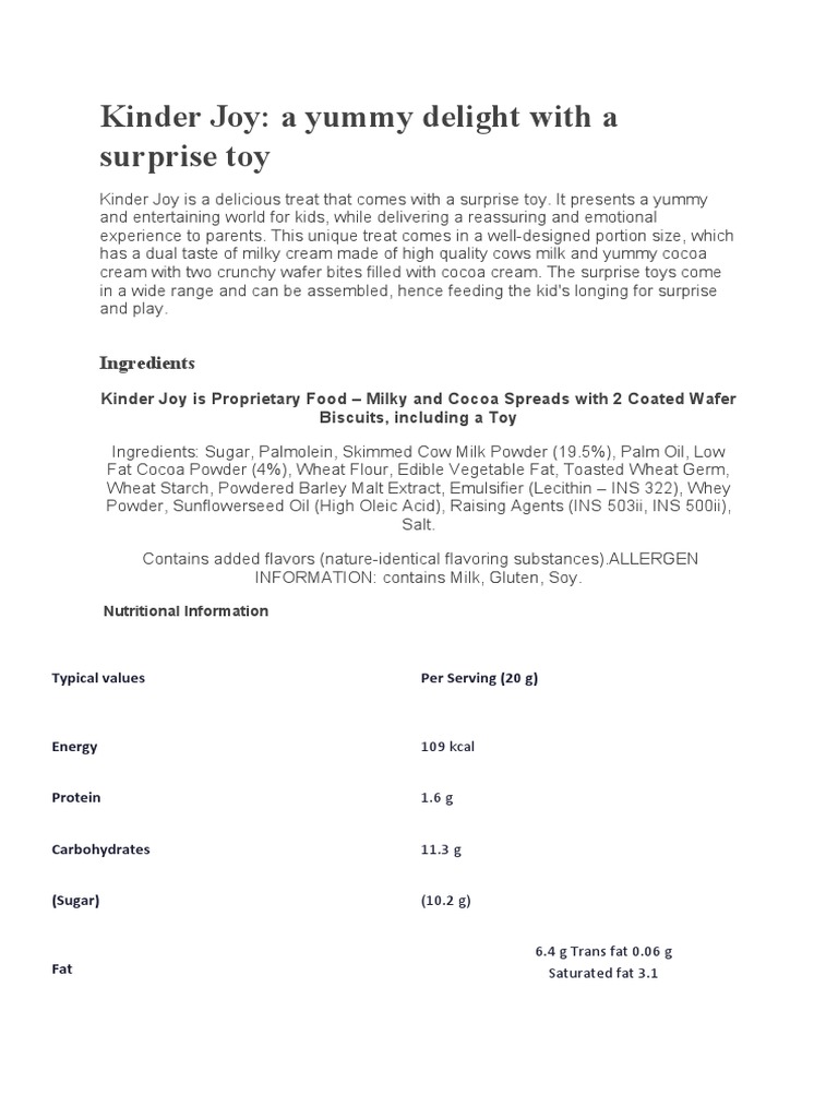 Kinder Joy: A Yummy Delight With A Surprise Toy: Ingredients | PDF