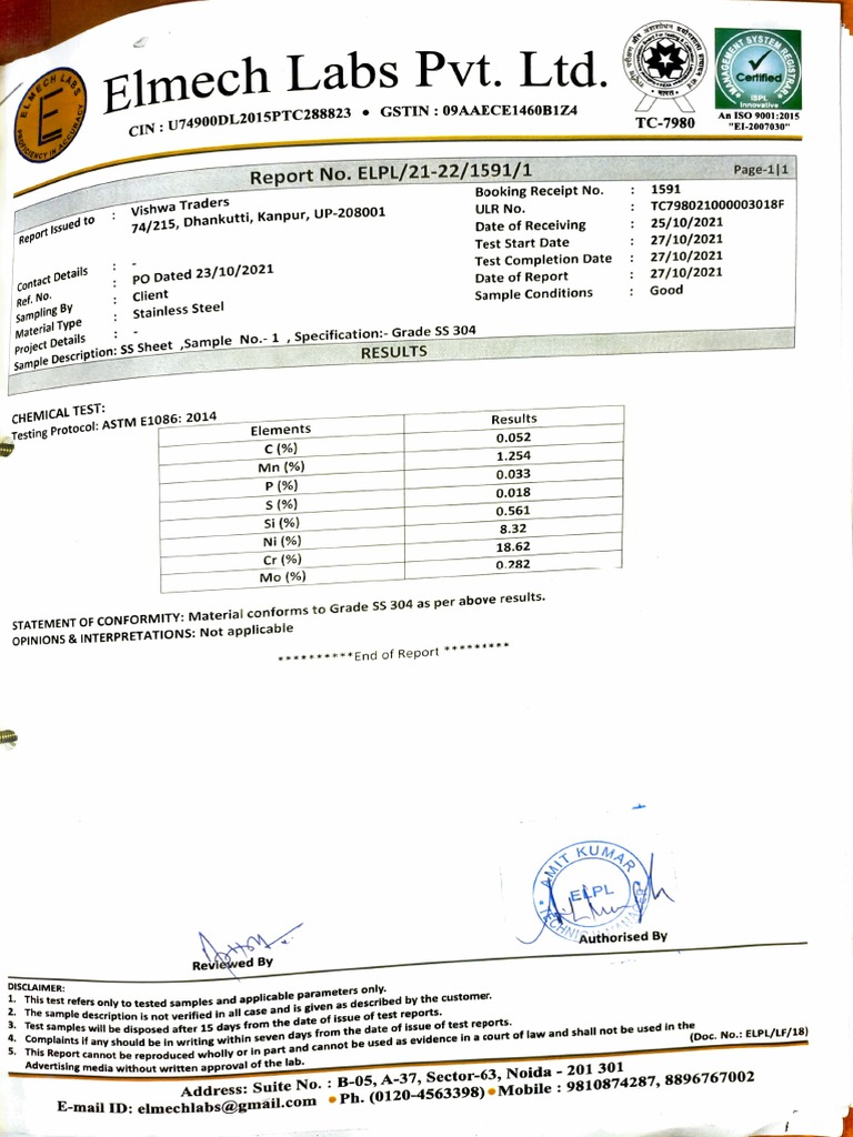 Test Report Ss | PDF | Chemical Elements | Materials
