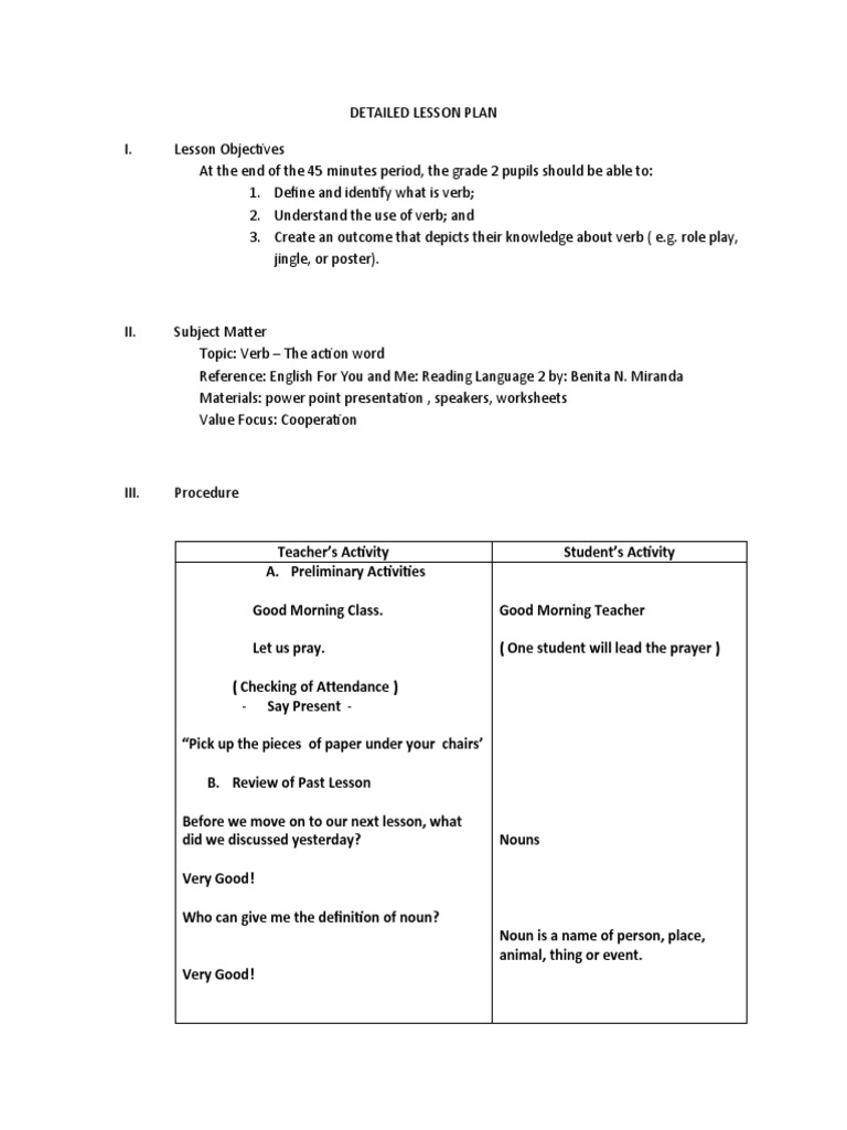 Detailed Lesson Plan | PDF | Lesson Plan | Verb