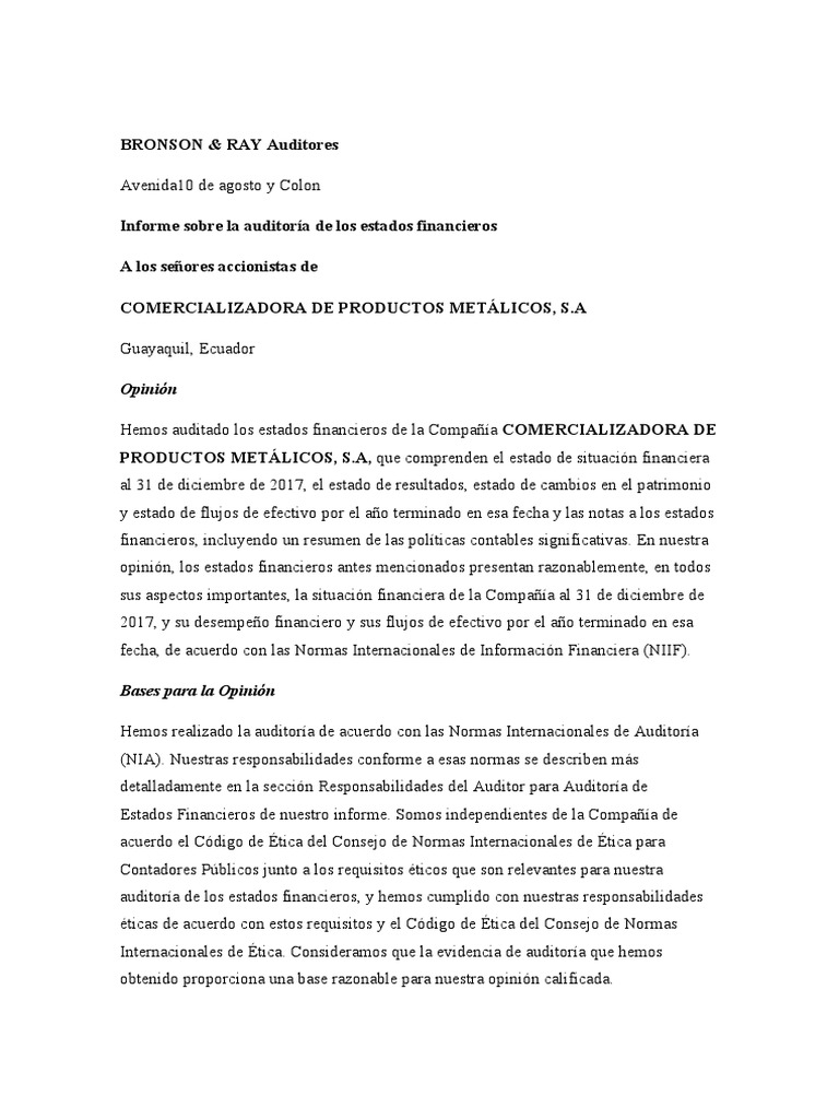 Ejemplo Nia 700 | PDF | Auditoría | Estado financiero