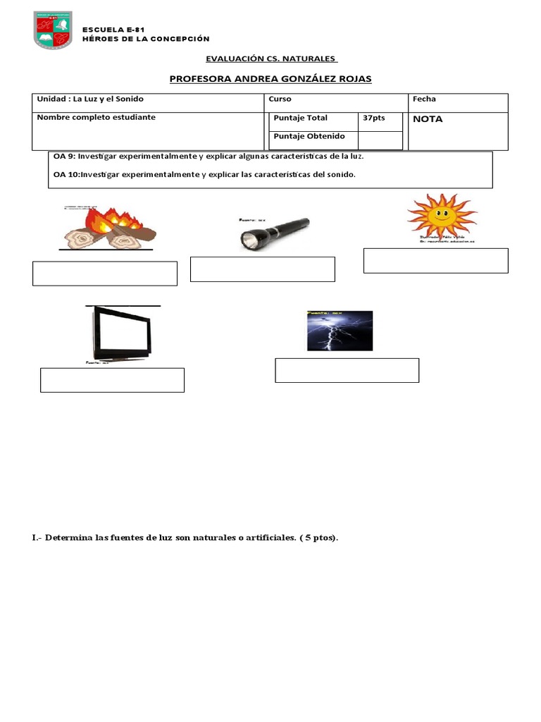 Evaluación de-Ciencias-Naturales-La-Luz-y-El-Sonido | PDF | Ligero | Sonido
