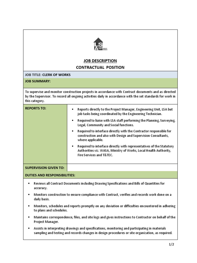 Clerk of Works JD | PDF | Specification (Technical Standard)