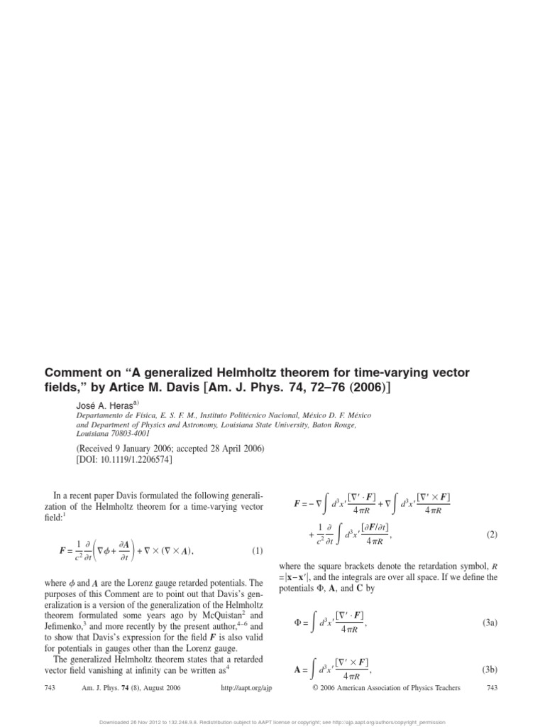 Comment On "A Generalized Helmholtz Theorem For Time-Varying Vector Fields," by Artice M. Davis ...