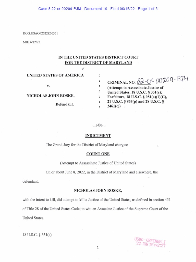 USA v. Nicholas John Roske - Indictment | PDF