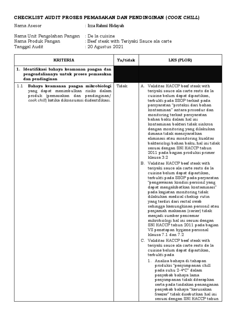 Audit HACCP Beef Steak Teriyaki | PDF