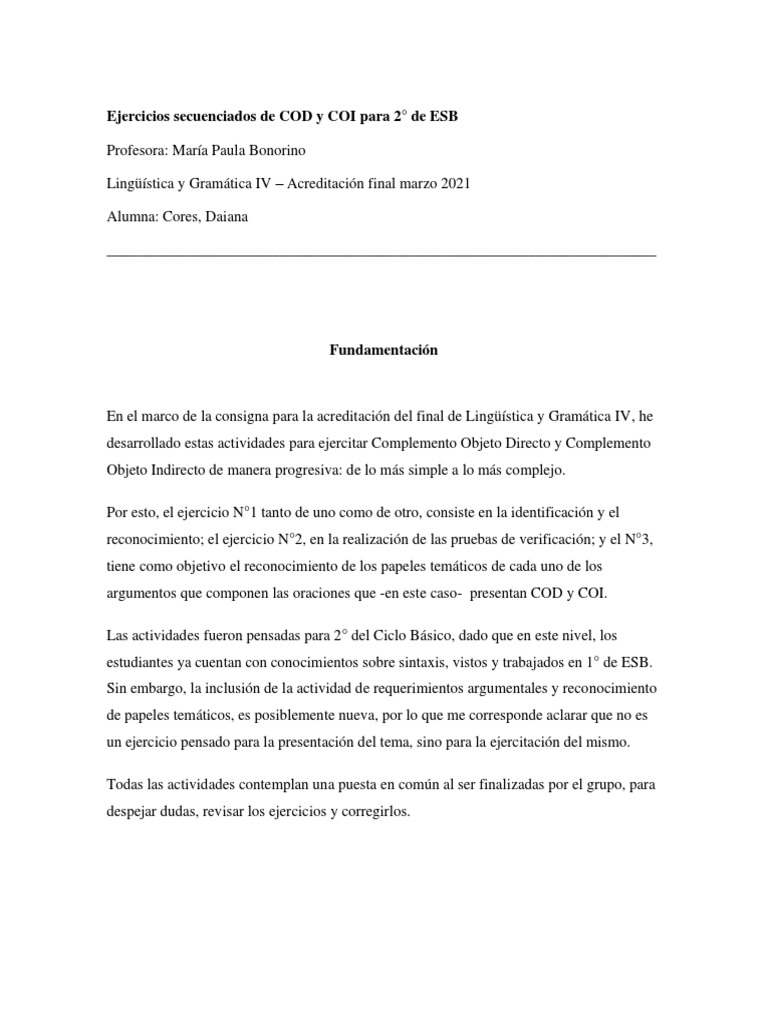 Ejercicios Secuenciados de COD y COI para 2° | PDF | Cognición | Mecánica del lenguaje
