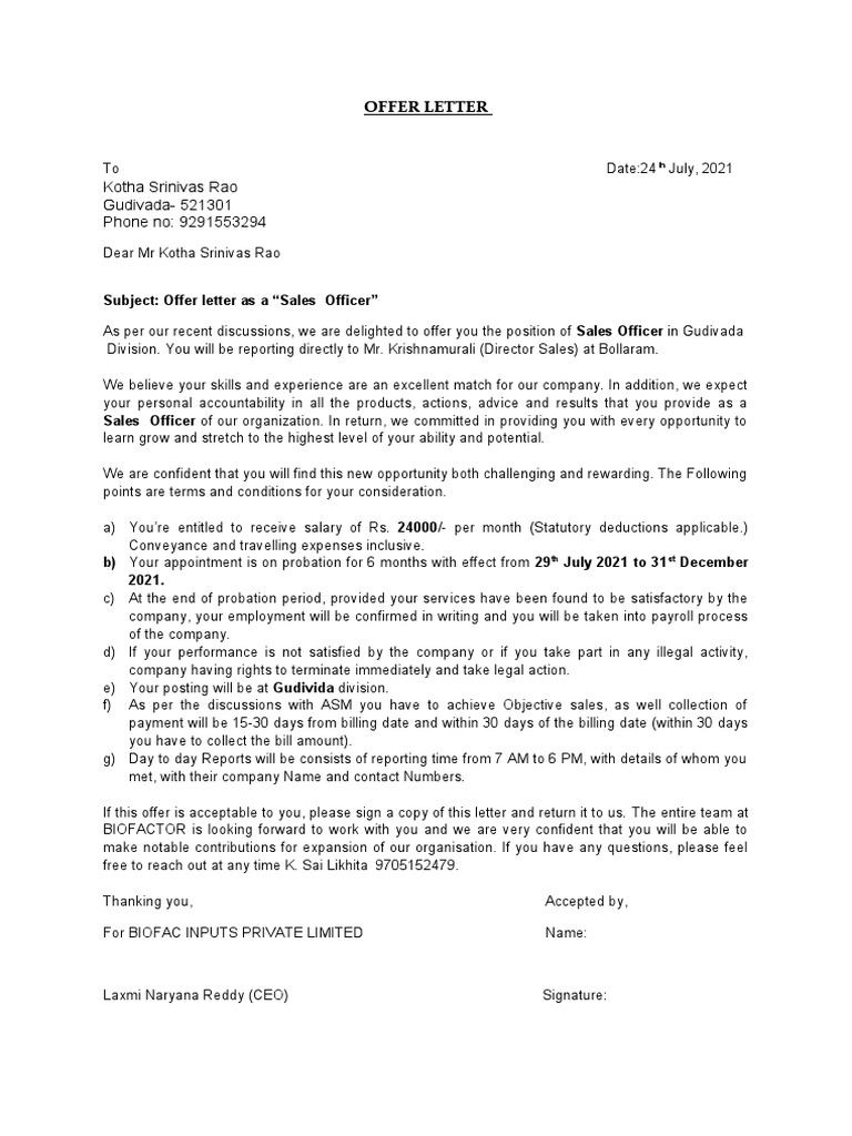 K Srinivas Rao Offer Letter | PDF