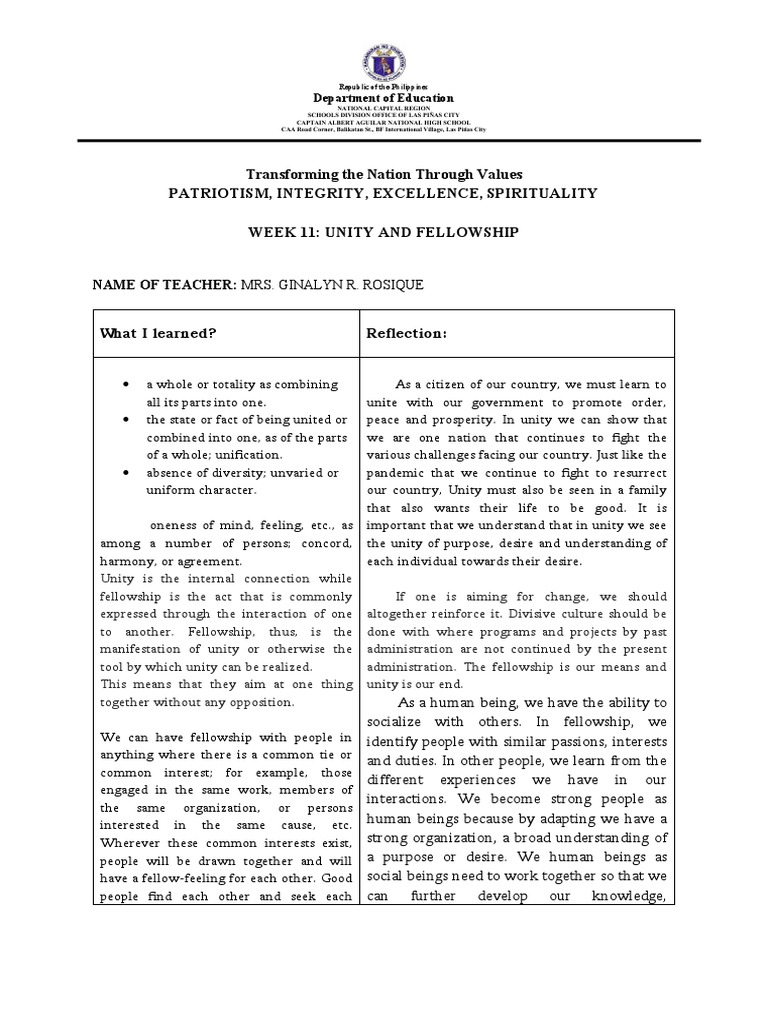 Rosique - VRP Week 11 Unity and Fellowship | PDF | Prayer | Love