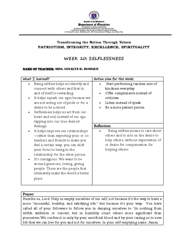 Rosique VRP Week 10 Selflessness | PDF | Altruism | Psychology