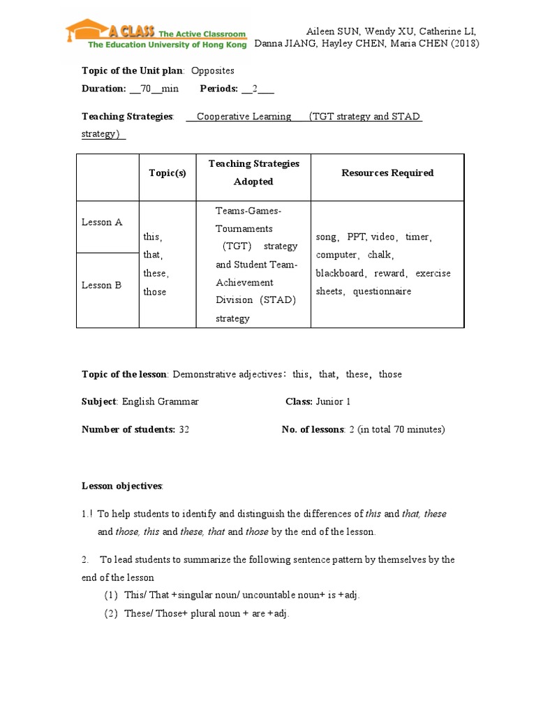 Demonstrative Adjectives - Lesson Plan | PDF | Noun | Plural