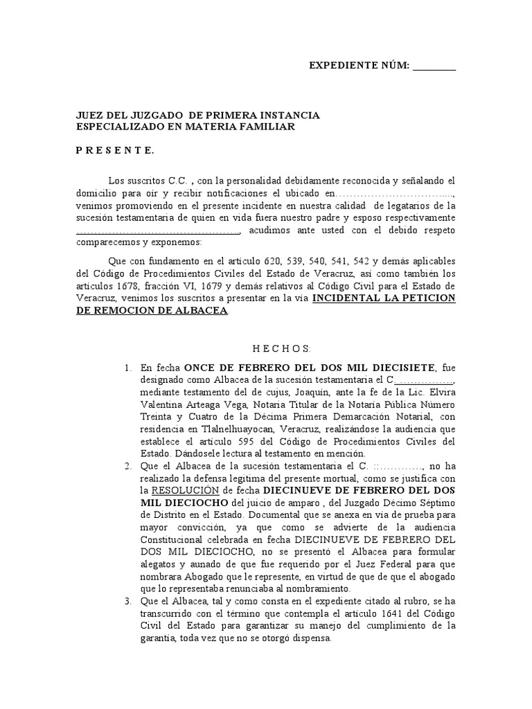 Incidente de Remocion de Albacea Ejemplo | PDF | Caso de ley | Esfera ... Incidente de Remocion de Albacea Ejemplo | PDF | Caso de ley | Esfera ...