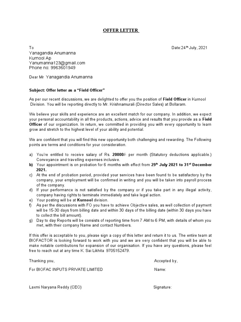 Yanagandla Anumanna Offer Letter | PDF