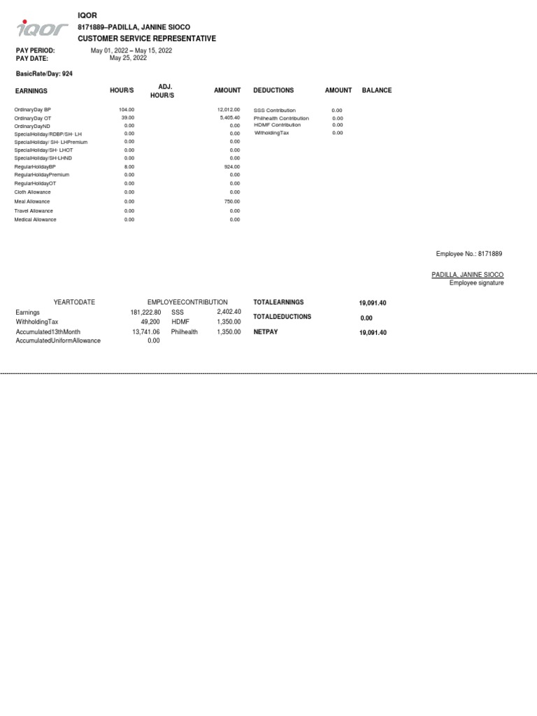 PAYSLIp - IQOR - Janine May 25 | PDF | Employment Compensation | Employee Relations