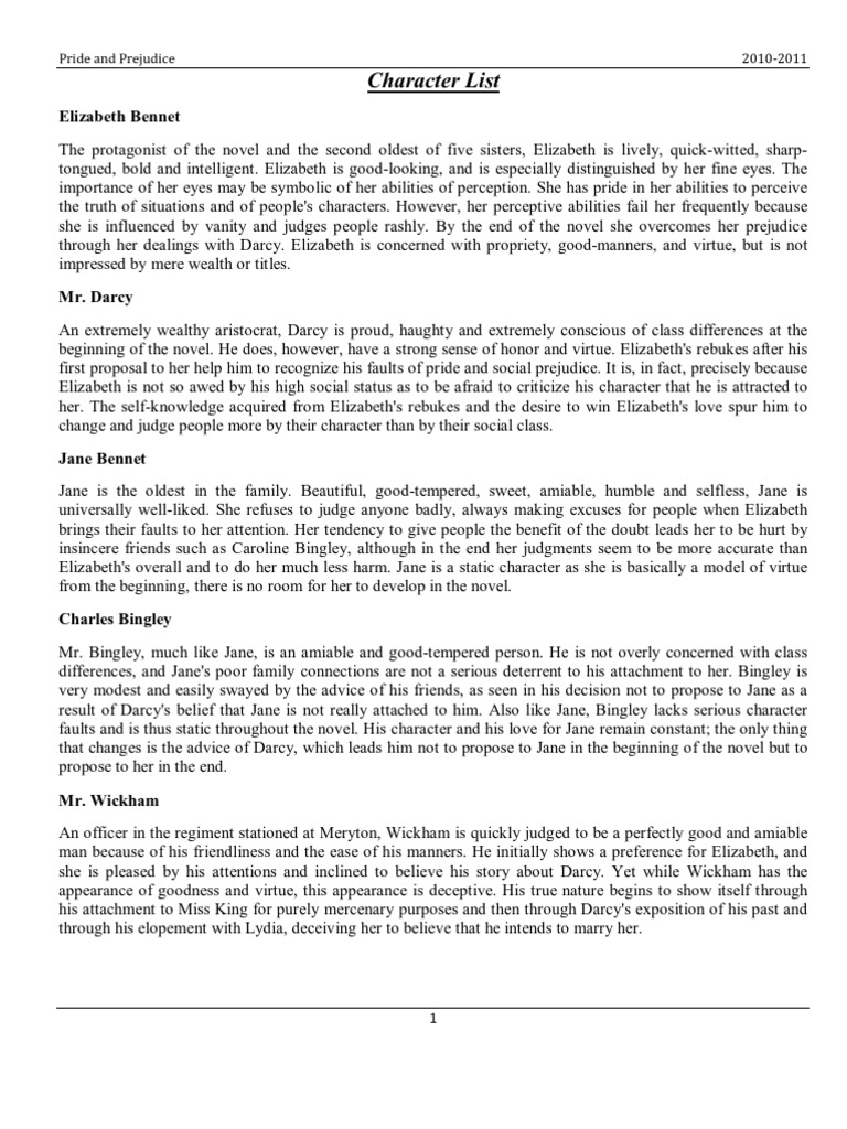 Character List (Pride and Prejudice) | PDF | Pride And Prejudice | Jane ...