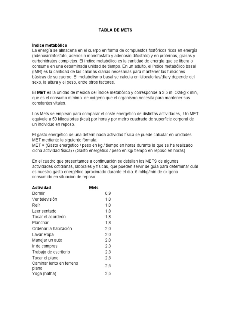Tabla de Mets | PDF | Metabolismo | Caloría