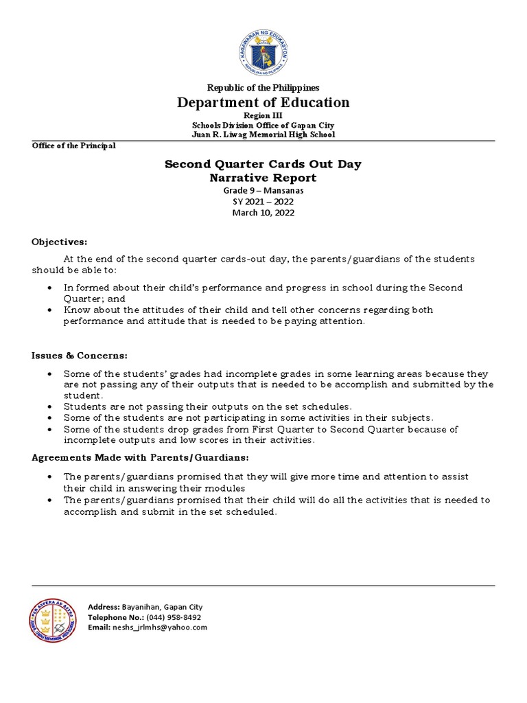 Department of Education: Second Quarter Cards Out Day Narrative Report ...