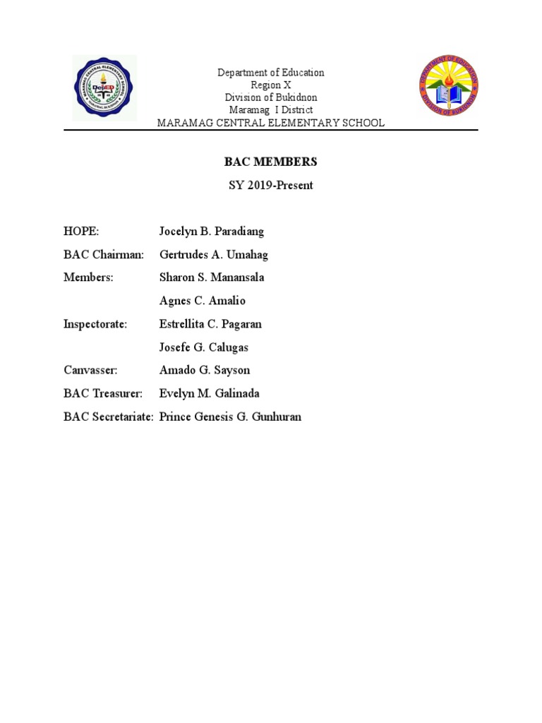 Bac Members: Department of Education Region X Division of Bukidnon ...