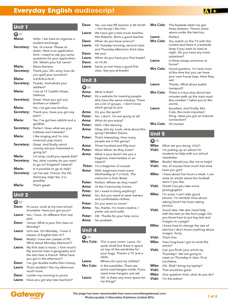 Gateway A1+ Everyday English Audioscript | PDF