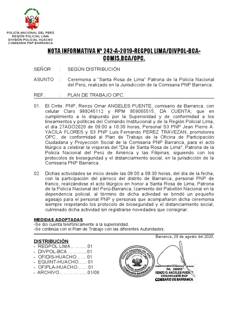 N.I. N°242-A-2020-Ceremonia Protocolar A Santa Rosa de Lima, Patrona de La PNP - BARRANCA 1 ...