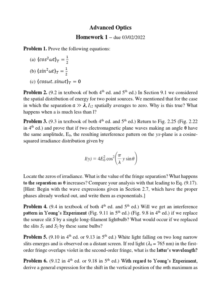Advanced Optics Homework 1 Problem 1 Prove The Following Equations Pdf Oscillation