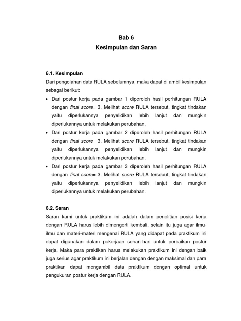 RULA (Rapid Upper Limb Assessment) - Bab 6 Kesimpulan Dan Saran - Modul ...