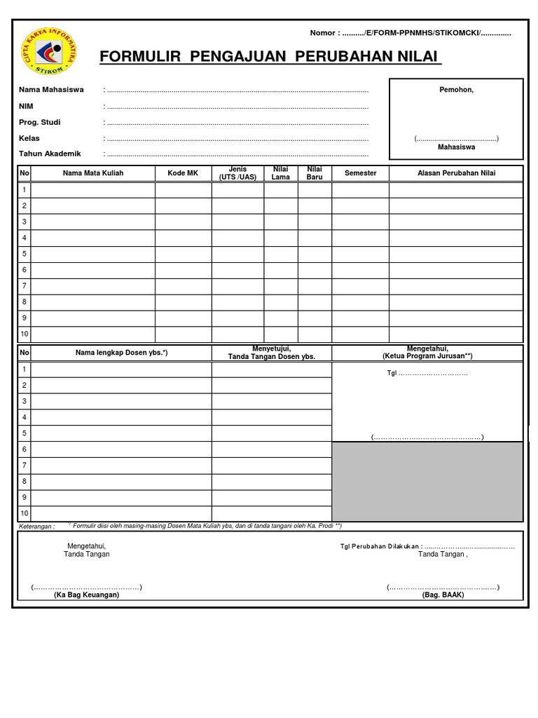 Formulir Perubahan Nilai Mahasiswa Terbaru | PDF