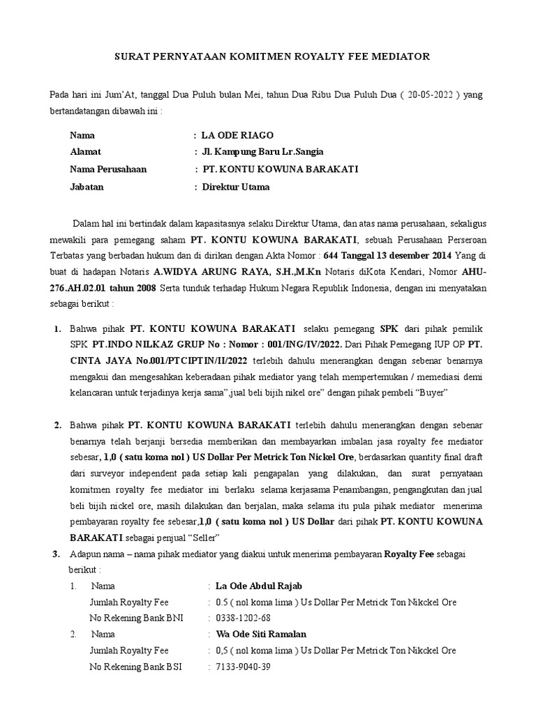 Surat Pernyataan Komitmen Royalty Fee Mediator PT - KKB 01 | PDF
