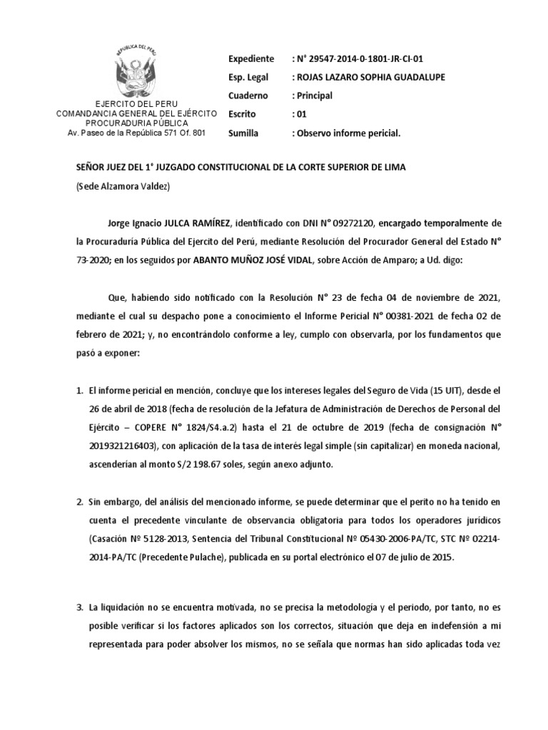 Exp. 29547-2014 Observa Informe Pericial (SV) | PDF | Juez | Judicaturas