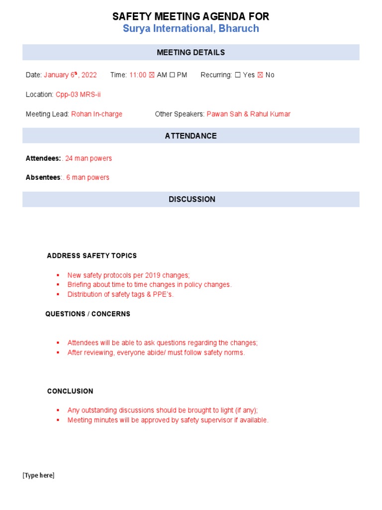 Sample Safety Meeting Agenda | PDF