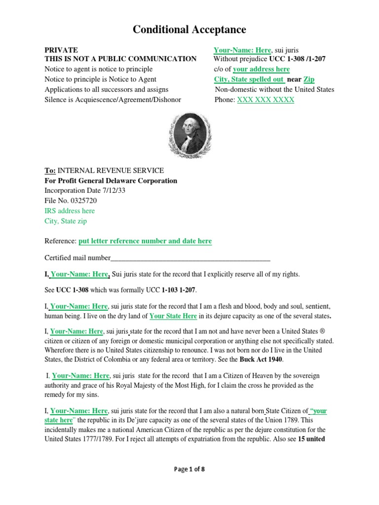 Conditional Acceptance Notice to IRS | PDF | Affidavit | Money