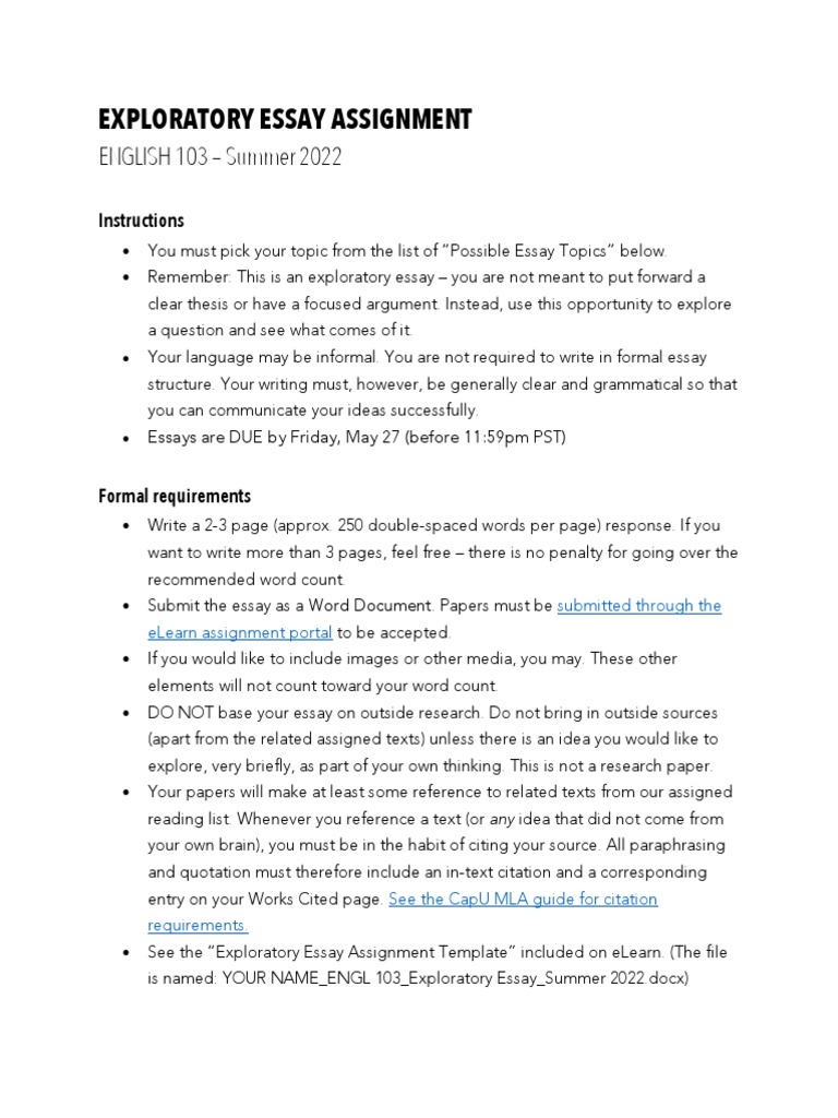 103 Exploratory Essay Assignment | PDF | Essays | Citation