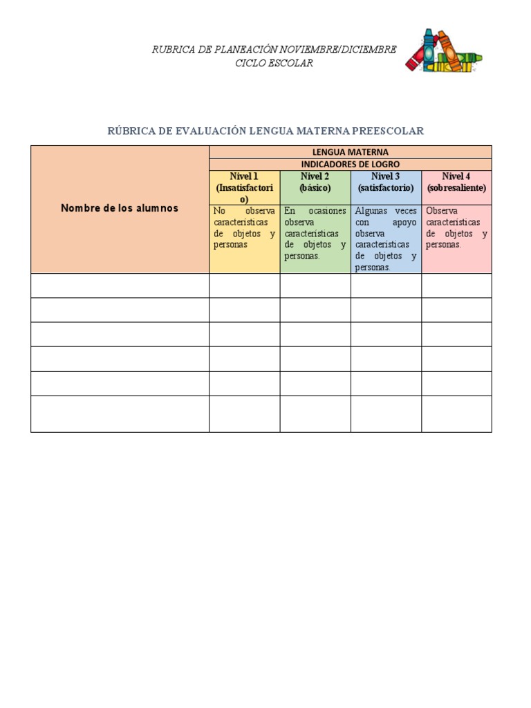 RUBRICA DE EVALUACIÓN PREESCOLAR DICIEMBRE | PDF | Educación de la ...