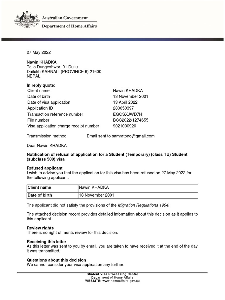 Student Visa Refusal Notification | PDF | Travel Visa | Immigration