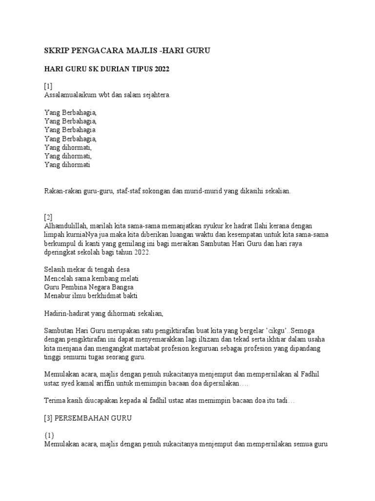 Skrip Pengacara Majlis Hari Guru | PDF