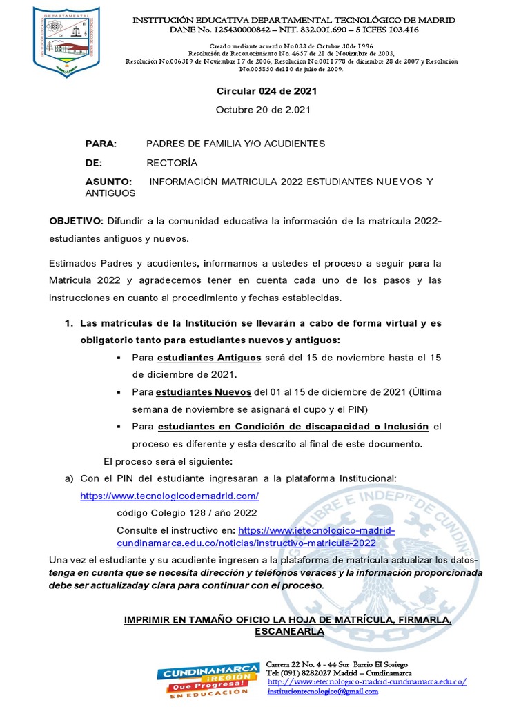 Circular 024 Matricula y Fechas | PDF