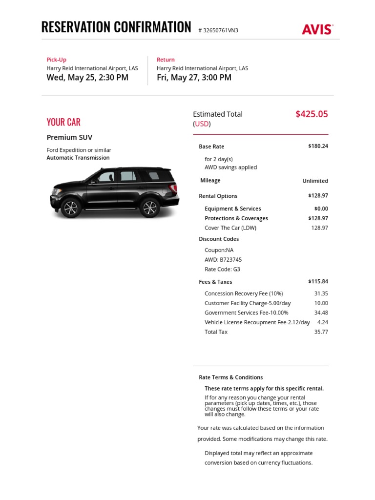 Print Confirmation - Avis Rent A Car | PDF | Debit Card | Fee