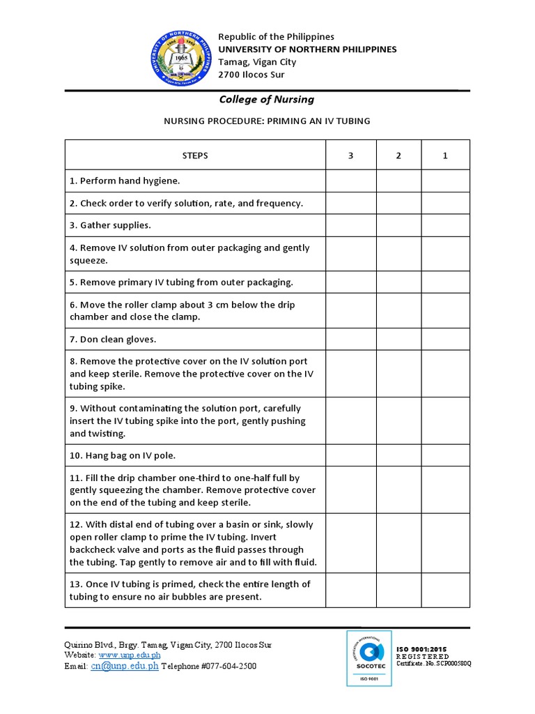 Priming an IV Tubing Checklist | PDF | Health Sciences | Manufactured Goods