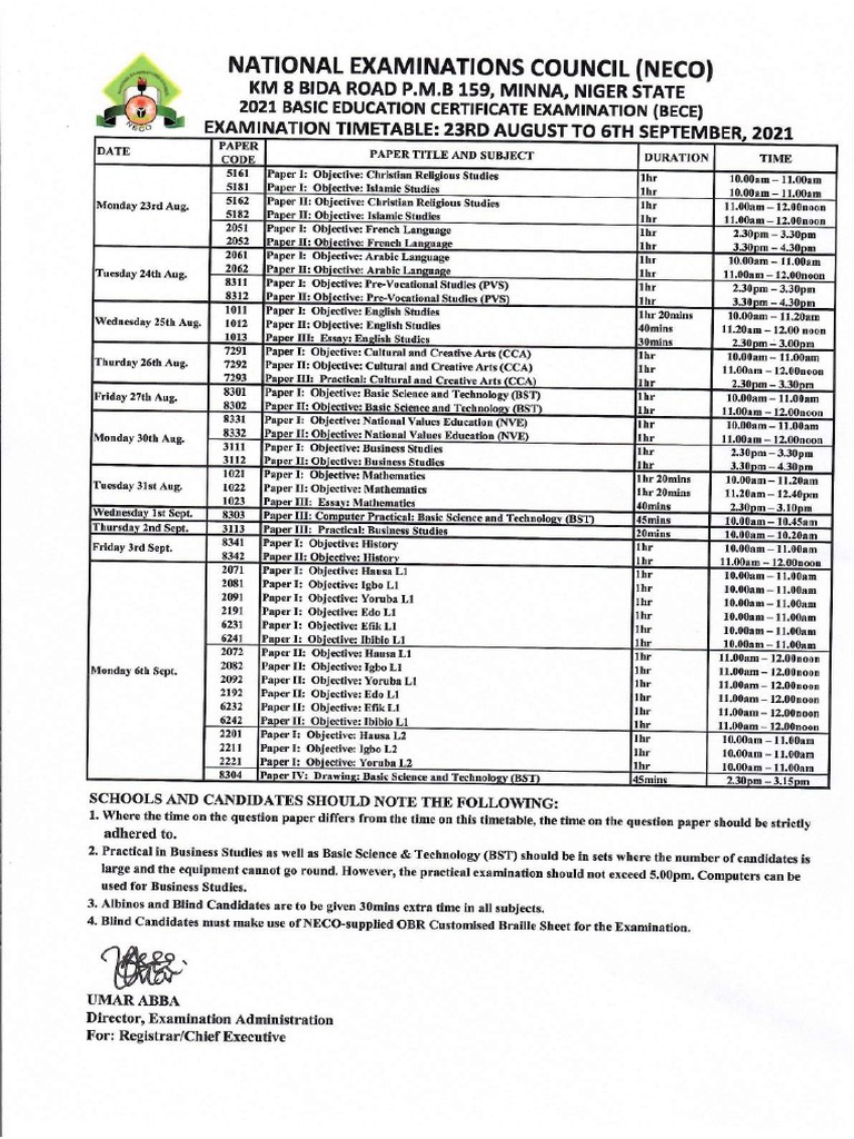 Neco - Rescheduled-2021-Bece-Timetable | PDF