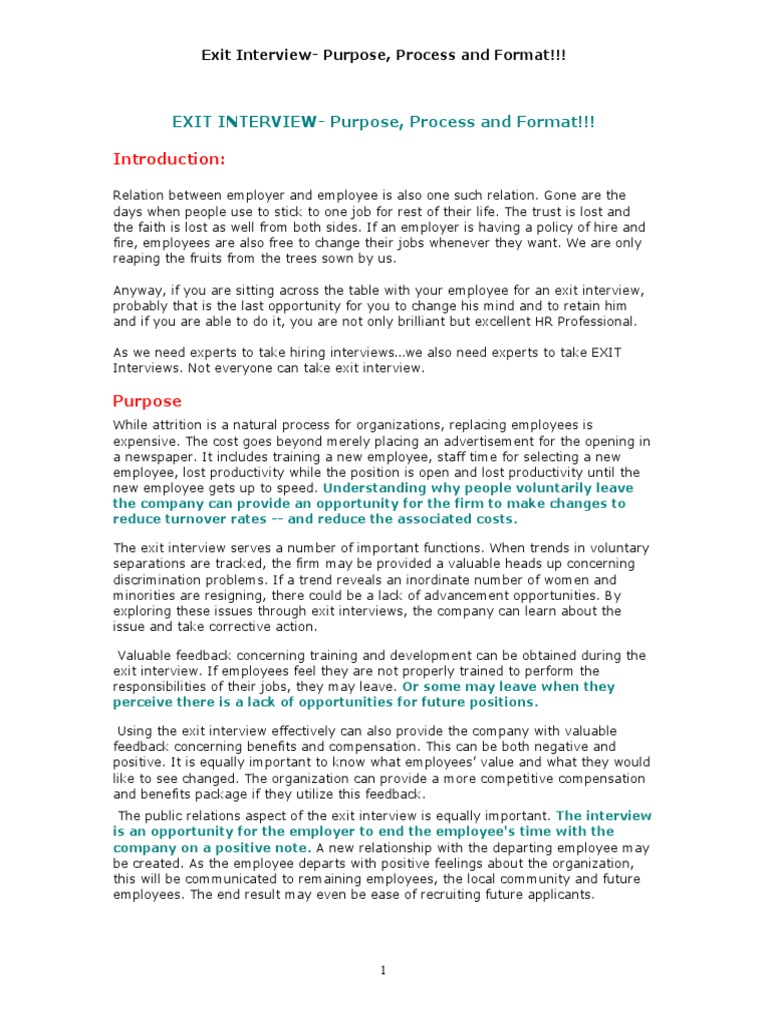 Exit Interview-Purpose, Process and Format!!! | PDF | Employment ...