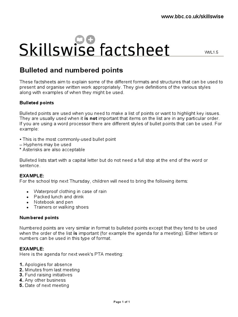 BBC Skillswise - Format and Structure - Factsheet 1 - Bulleted and ...