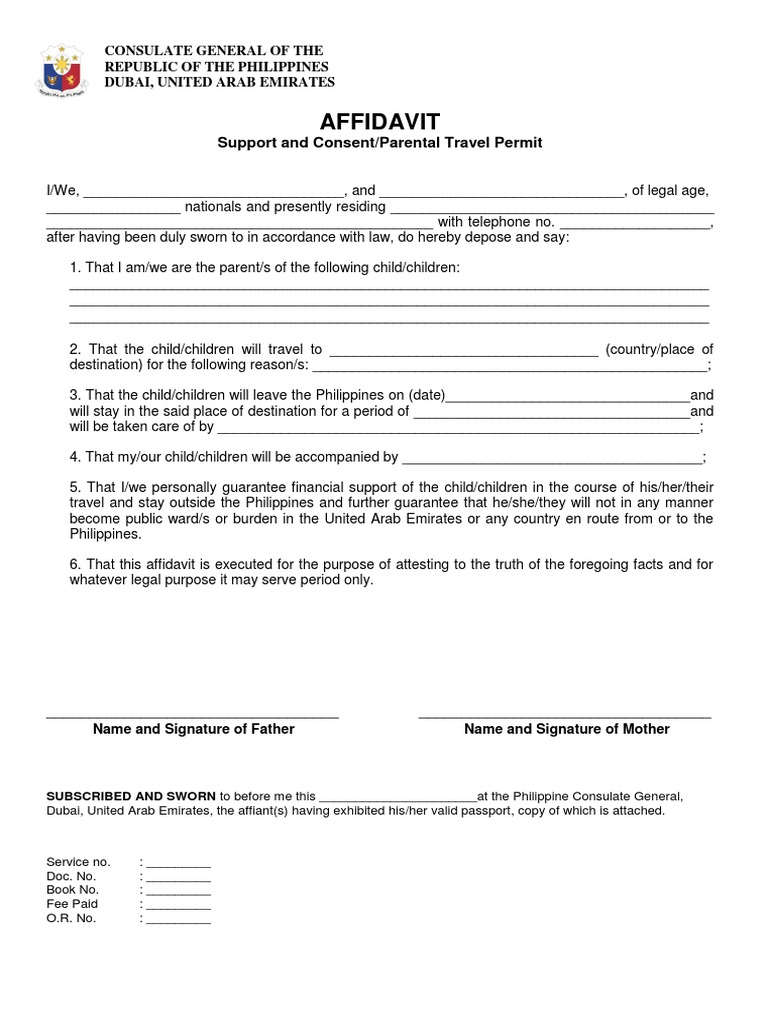 Parental Affidavit Granting Travel Consent for Minor Children Traveling ...