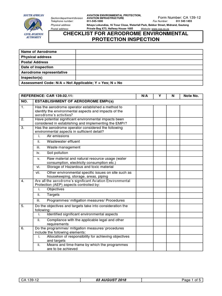 Checklist For Aerodrome Environmental Protection Inspection | PDF ...