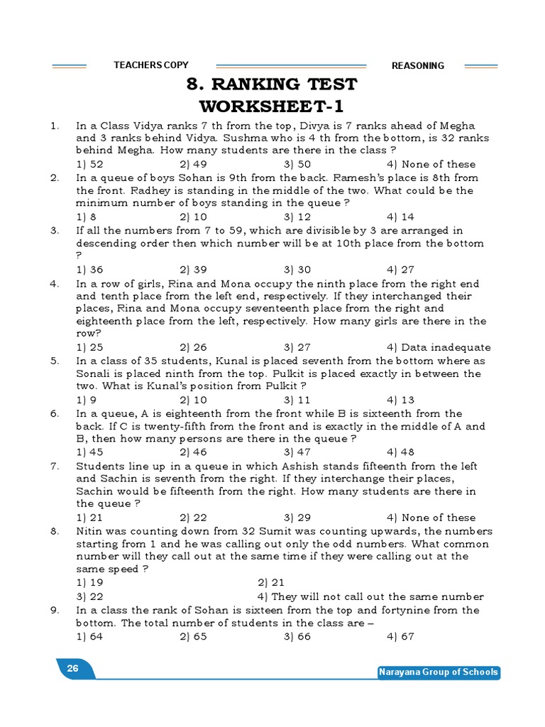 Ranking Test Worksheet-1: Reasoning Teachers | PDF | Dairy