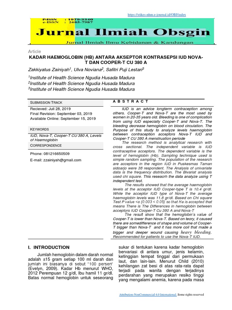 Article: Kadar Haemoglobin (HB) Antara Akseptor Kontrasepsi Iud Nova-T ...