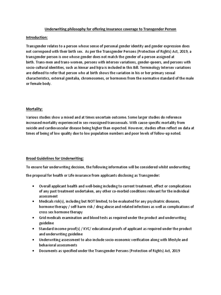 Underwriting Philosophy For Offering Insurance Coverage To Transgender ...