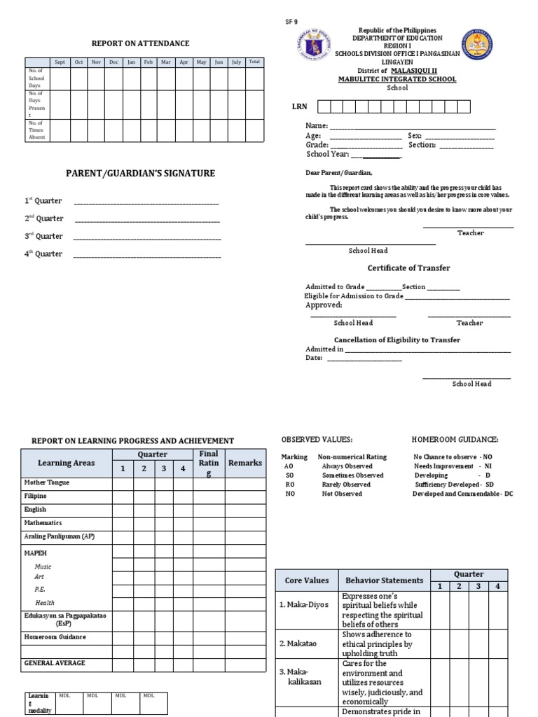 Parent/Guardian'S Signature: Report On Attendance | Download Free PDF ...