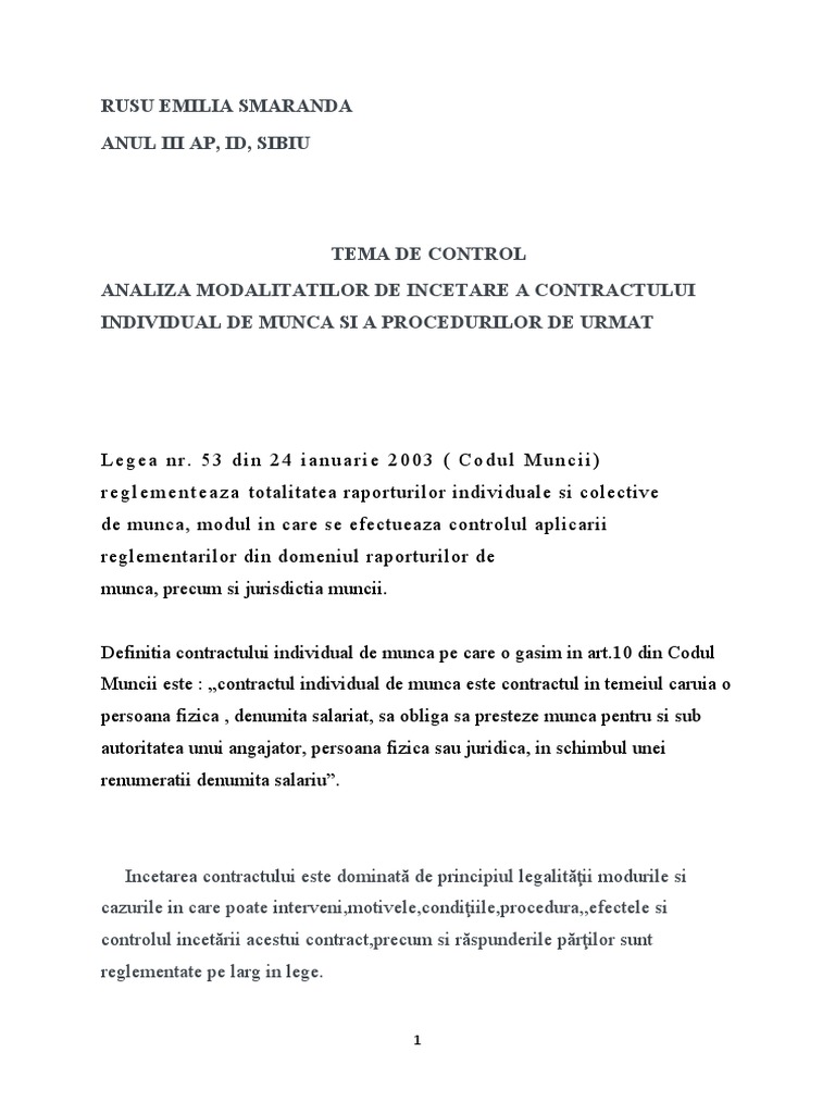 Incetarea Contractului Individual de Munca | PDF