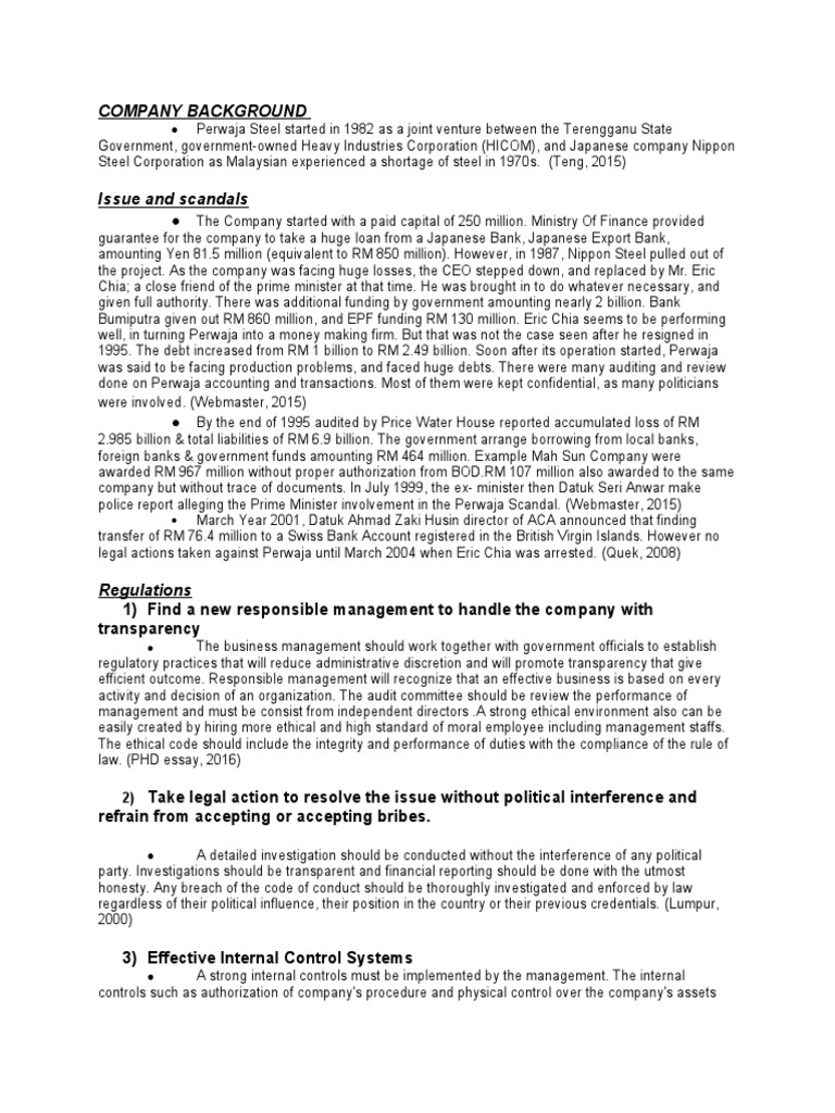 COMPANY BACKGROUND of Perwaja Steel (Malaysia) | PDF | Internal Control ...