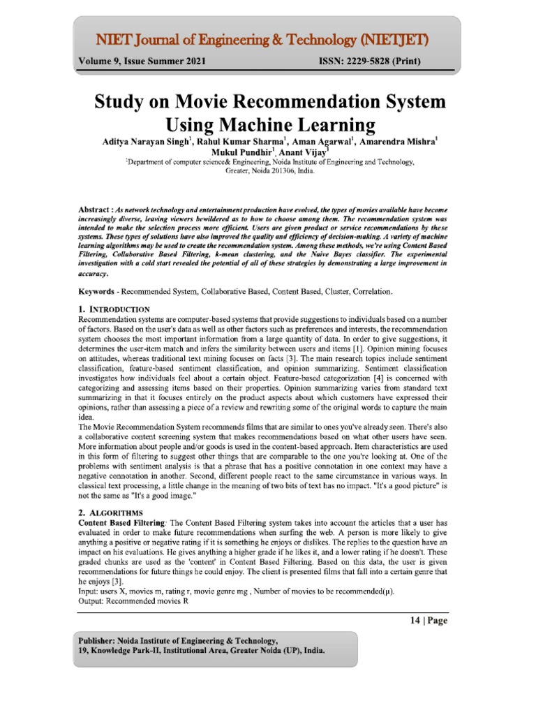 Study On Movie Recommendation System Using Machine Learning | PDF