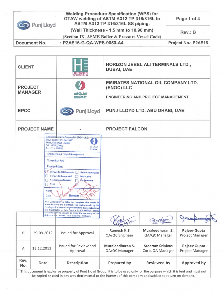 WPS Astm 316 Gtaw - Rev.b | PDF